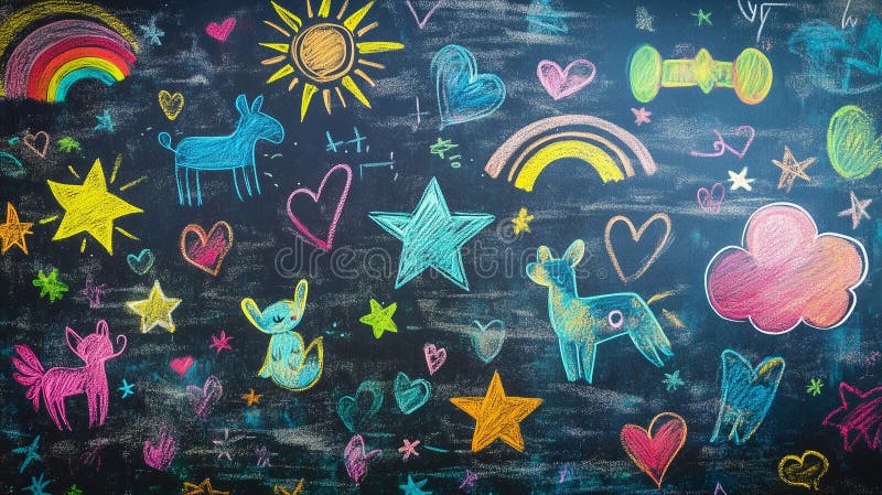 Colorful Chalk Drawings on Blackboard with Animals Stock Illustration ...