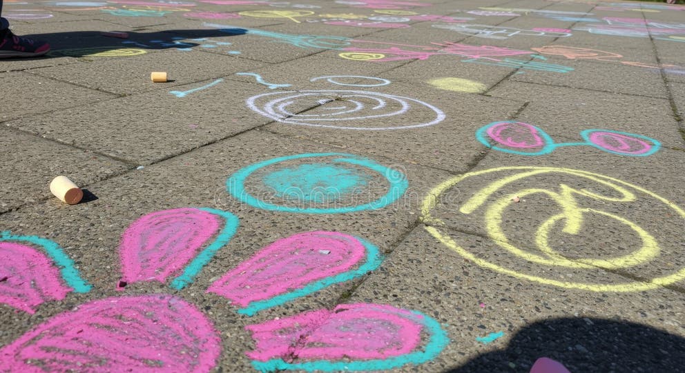Colorful Chalk Drawings on a Grey Sidewalk Stock Illustration ...