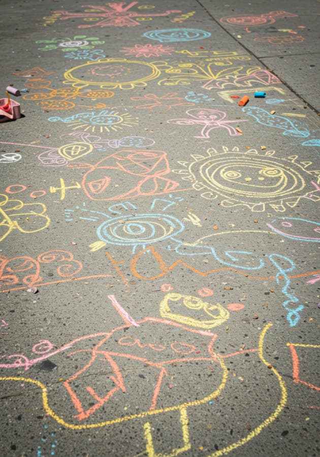 Colorful Chalk Drawings on a Sidewalk Stock Illustration - Illustration ...