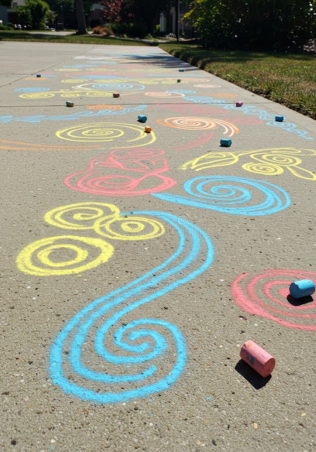Colorful Chalk Drawings on a Sidewalk Stock Illustration - Illustration ...
