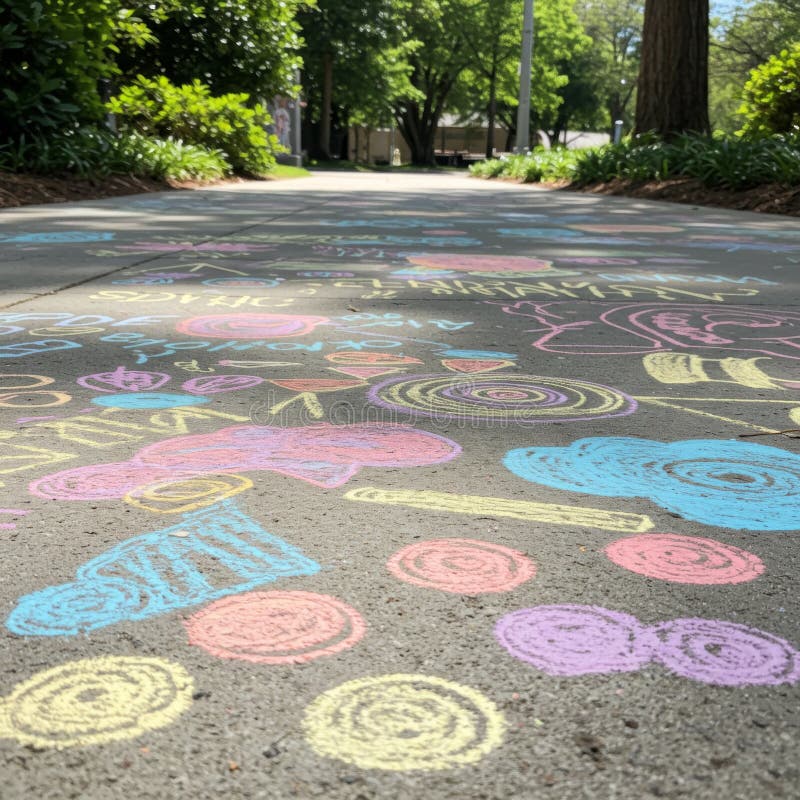 Colorful Chalk Drawings on a Sidewalk Path Stock Illustration ...