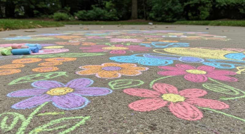 Colorful Chalk Flower Drawings on Pavement Stock Image - Image of ...
