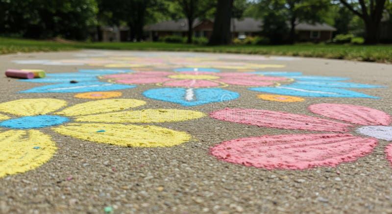 Colorful Chalk Flower Drawings on a Sidewalk Stock Photo - Image of ...