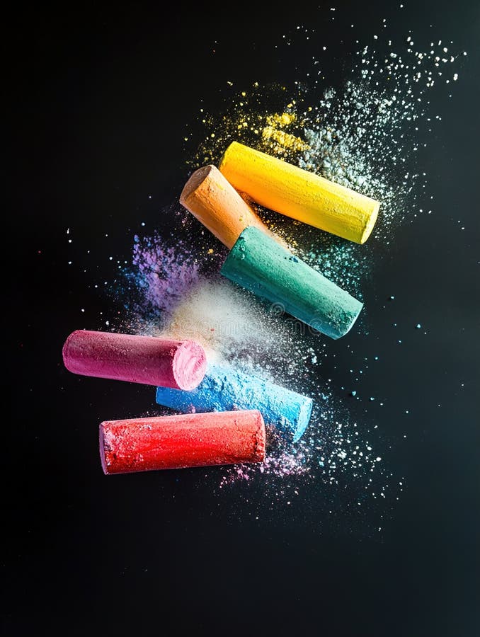 Colorful Chalk Flying in Studio Shot on Dark Background Stock ...