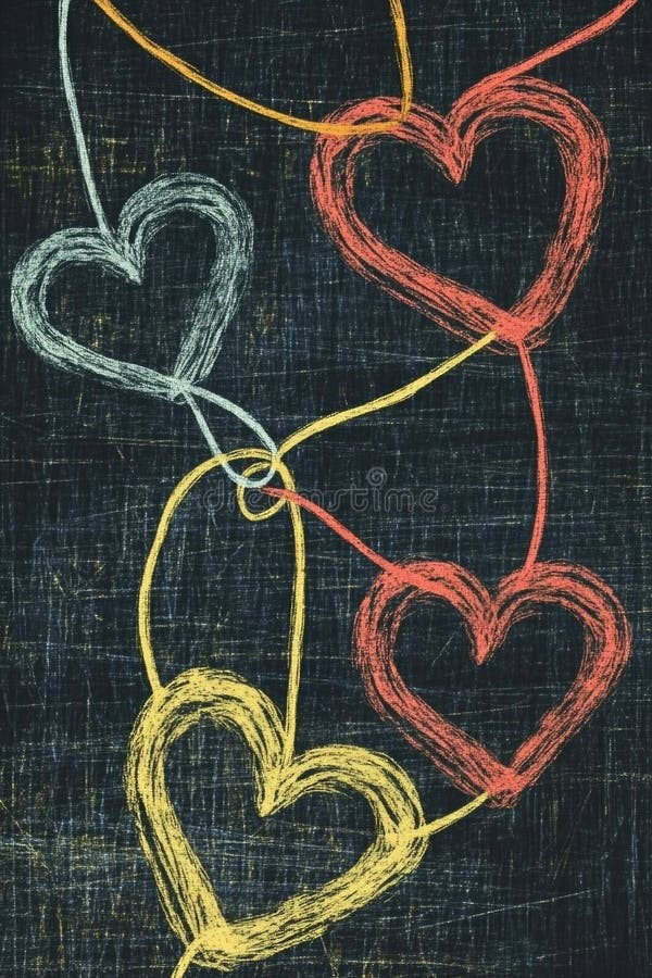 Colorful Chalk Hearts Connected by Strings on Blackboard Background ...