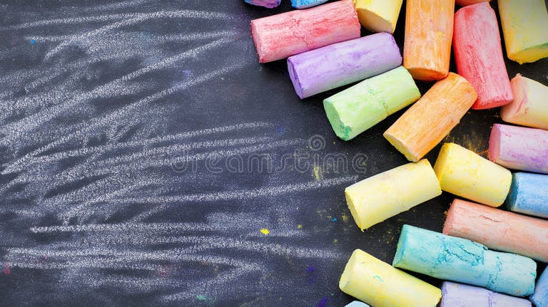 Colorful Chalk Pieces Scattered on a Chalkboard with Chalk Scribbles on ...