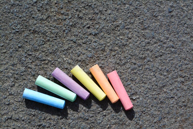 Colorful Chalk Sticks on Asphalt, Flat Lay. Space for Text Stock Photo ...