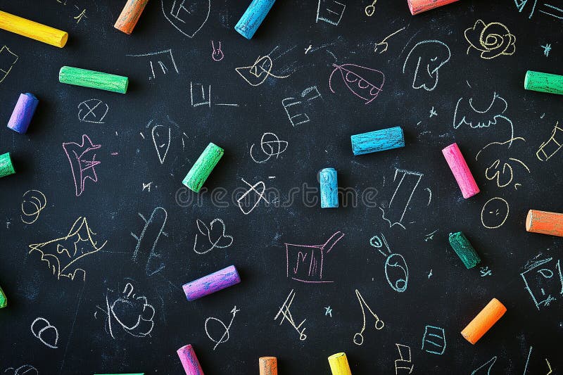 Colorful Chalk Sticks with Educational Sketches on Black Chalkboard ...