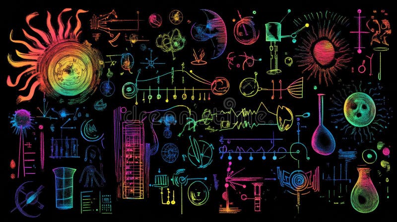 Colorful Chalk-style Science and Space Illustrations on Black ...