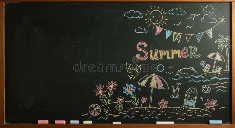 Colorful Chalkboard Summer Drawing with Beach Scene Stock Illustration ...