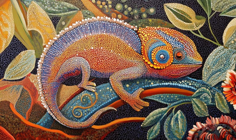 Colorful Chameleon Artwork Featuring Dot Painting Technique, Vibrant ...