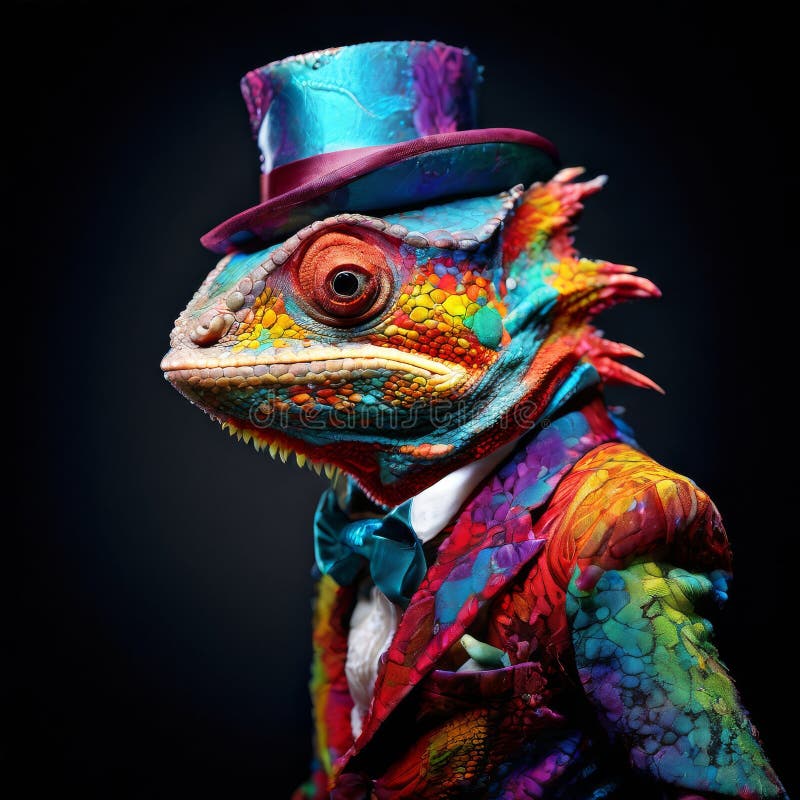 Colorful Chameleon Dressed in Vibrant Suit and Top Hat Stock Photo ...