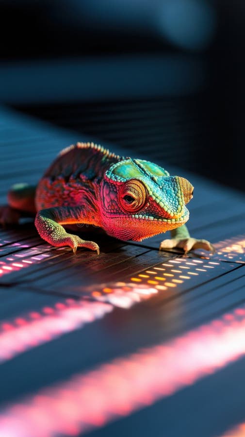 Colorful Chameleon on Led Surface in Vibrant Lighting Display Stock ...