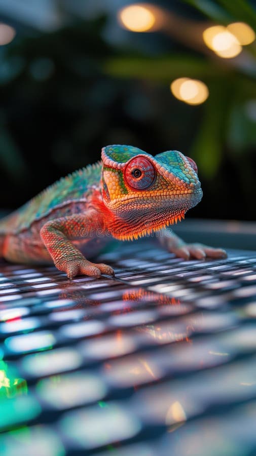 Colorful Chameleon on Reflective Surface with Vibrant Lights Stock ...