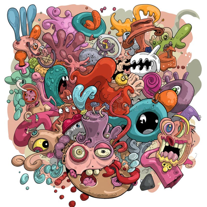 Colorful and Chaotic Illustration Featuring a Jumble of Bizarre ...