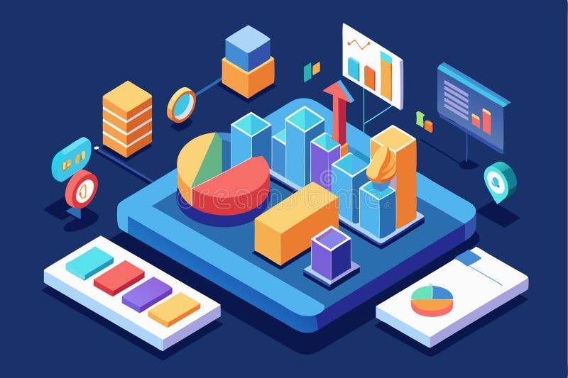 Colorful Charts and Graphs are Presented in an Isometric Style ...