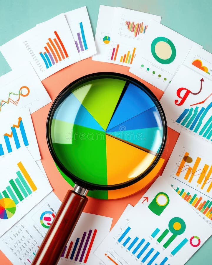 Colorful Charts and Pie Graph Analyzed with Magnifying Glass Stock ...