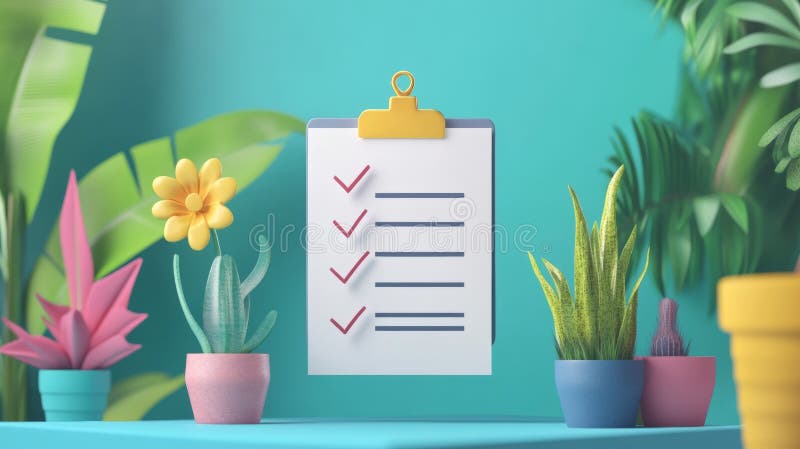 Colorful Checklist with Potted Plants on a Bright Table in a Modern ...