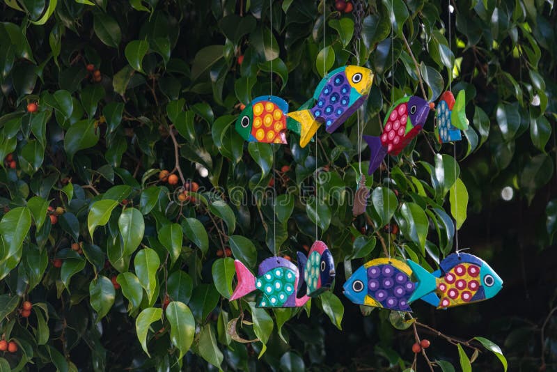 Colorful Cheerful Painted Fish Mobile Hanging in a Tree with Red ...