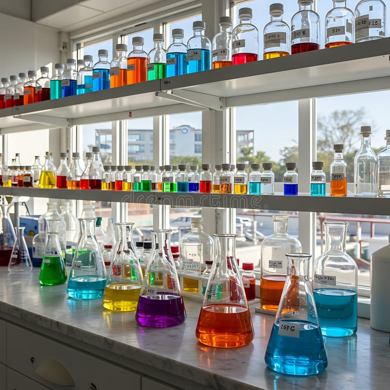 Colorful Chemical Solutions in a Bright Laboratory Setting Stock Image ...