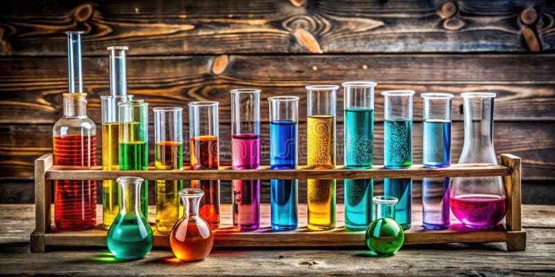 Colorful Set Chemical Vessels and Flasks with Pink, Yellow Liquid ...