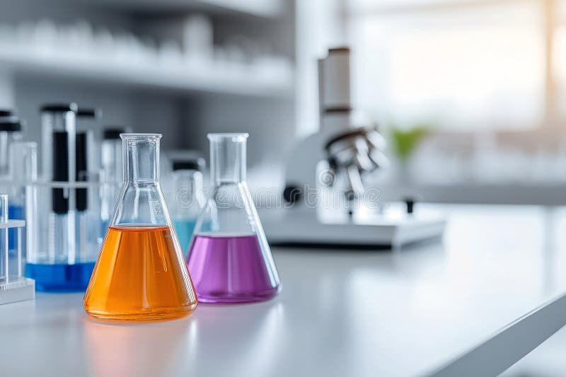 Chemical Solutions in Laboratory with Microscope Stock Image - Image of ...