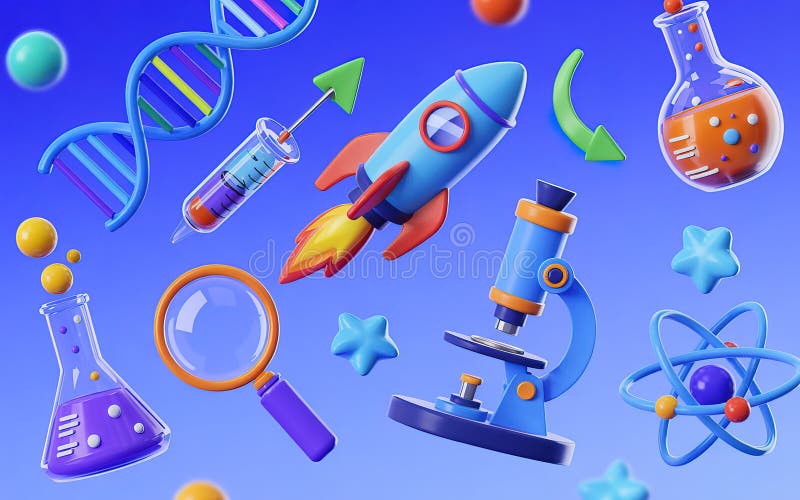 Colorful Chemistry Lab Tools Rocket, Microscope, Syringe, Flask, DNA ...