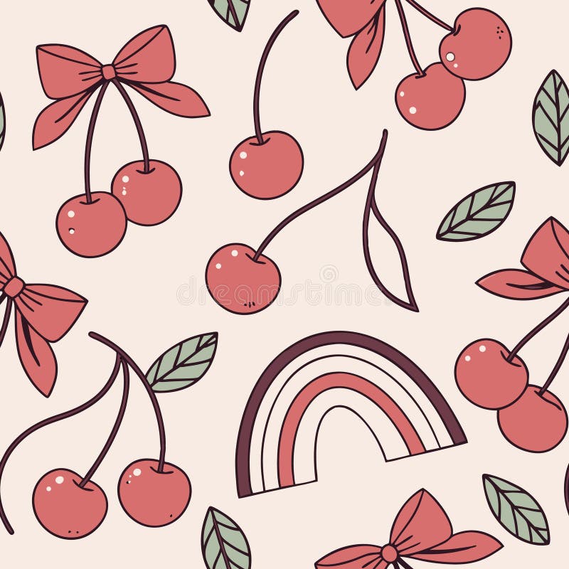 Colorful Cherry Pattern with Bows and Rainbows on a Light Background in ...
