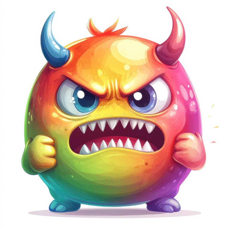 Colorful Chibi Monster with Angry Expression and Small Fangs Stock ...