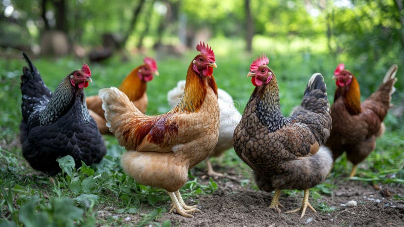 Colorful Chickens in a Lush Green Farm Setting Stock Illustration ...