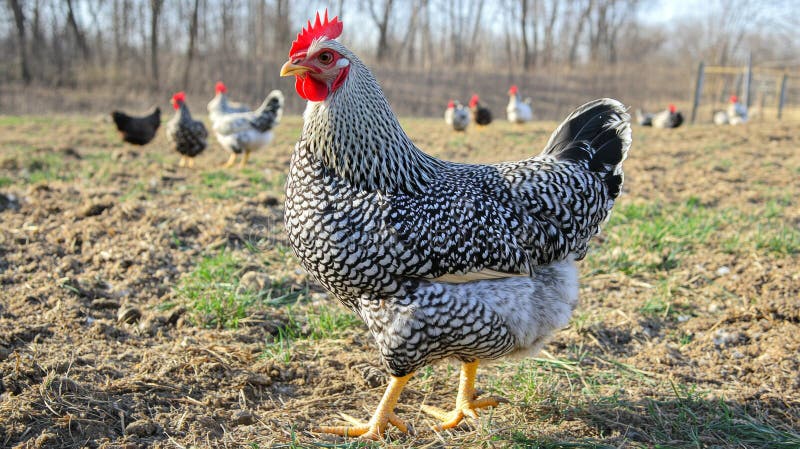 Colorful Chickens Roaming Freely in a Sunny Farmland Setting during ...