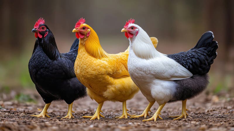 Colorful Chickens Standing Together in Natural Setting Showcasing ...