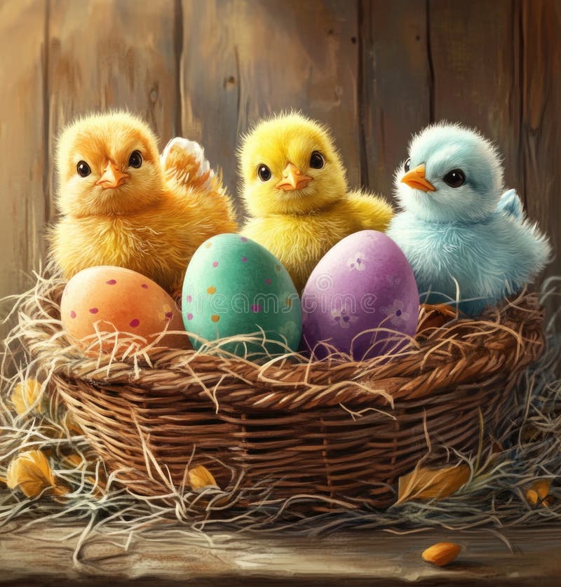 Colorful Chicks in Wicker Nest with Decorated Easter Eggs. Happy Easter ...