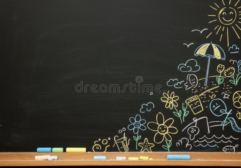 Colorful Child S Chalk Drawings on Blackboard Stock Illustration ...