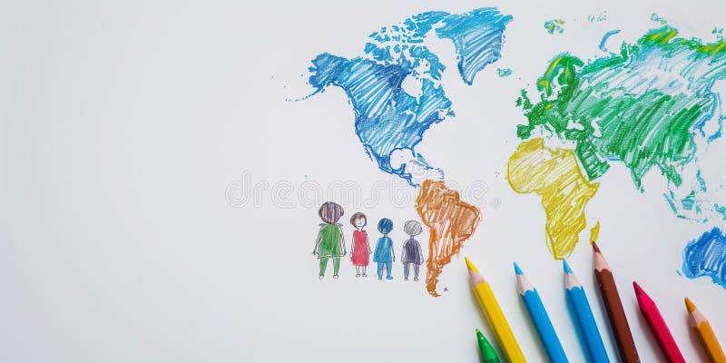 Colorful Child S Drawing of the World with a Group of Stick Figures ...
