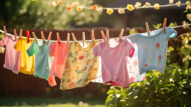 Colorful Children S Clothes Drying on a Clothesline in the Yard Under ...