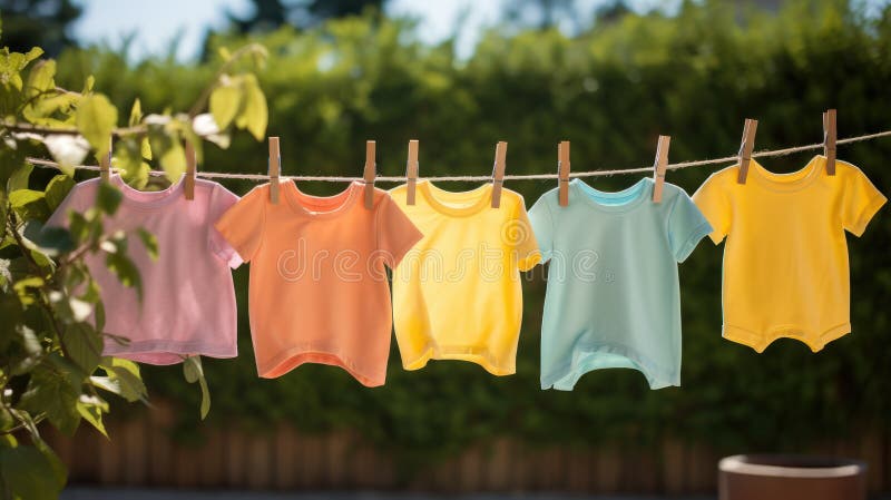 Colorful Childrens Clothes Drying on a Clothesline in the Yard Under ...