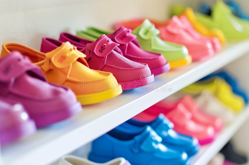 Colorful Childrens Shoes on a White Horizontal Rack Stock Image - Image ...