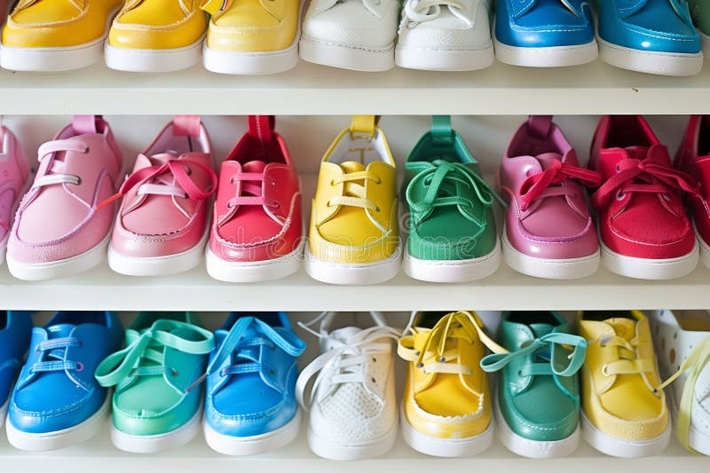 Colorful Childrens Shoes on a White Horizontal Rack Stock Photo - Image ...