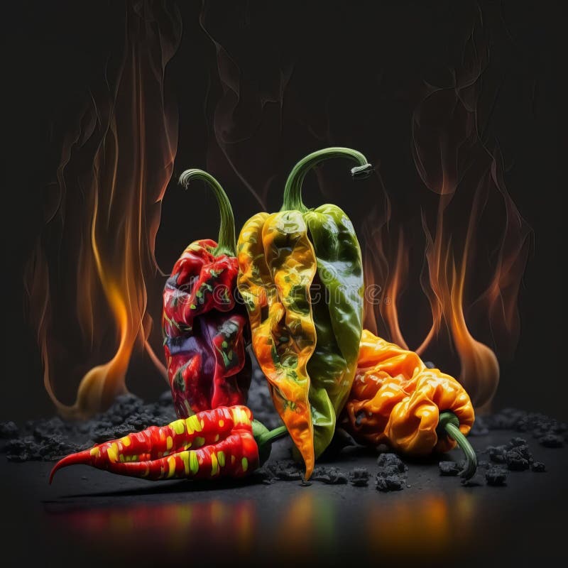 Colorful Chilli, Chile S with Flames and Fire. Hot Chillis Stock ...