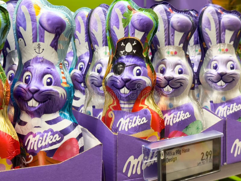 Colorful Chocolate Bunny Display in Milka Packaging at Store Editorial ...