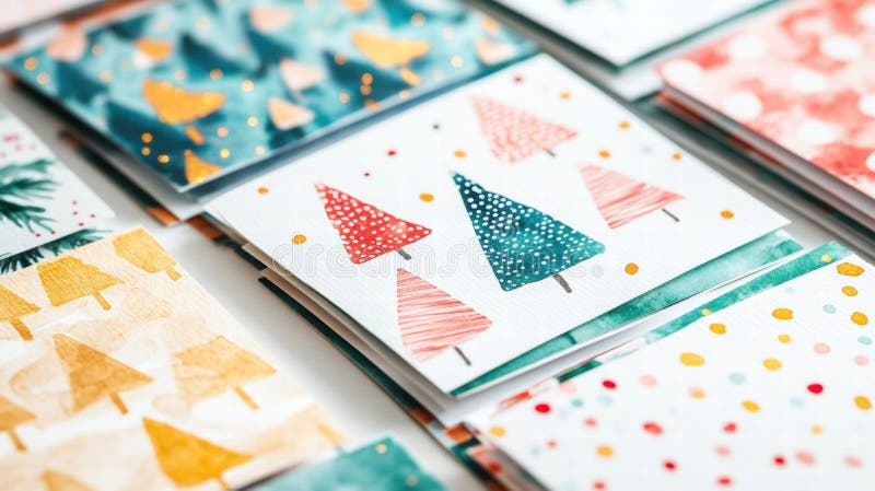 Colorful Christmas Cards Featuring Artistic Tree Designs with Various ...