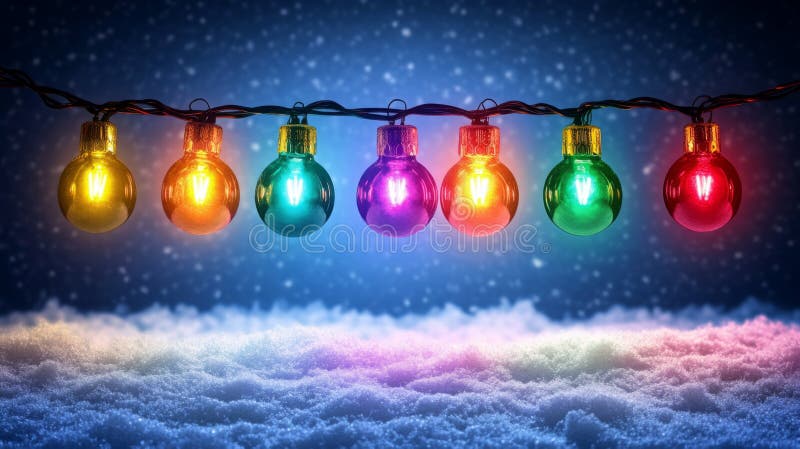 Colorful Christmas Lights Shining on Snowy Ground Stock Illustration ...