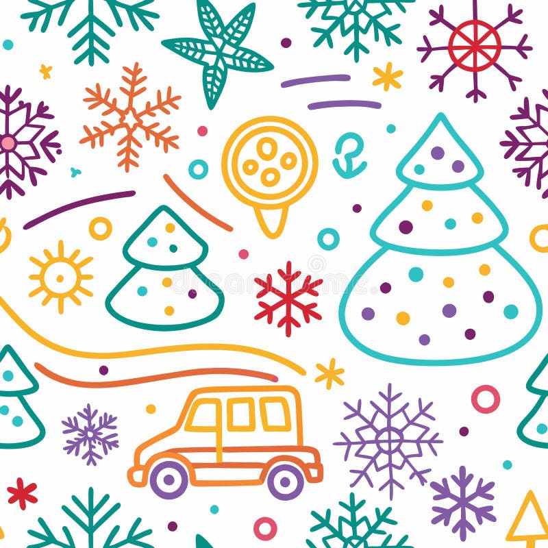 Colorful Christmas Seamless Pattern with Car, Trees, Snowflakes Stock ...
