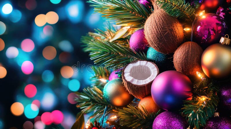 Colorful Christmas Tree with Exotic Coconut Decorations Against Bokeh ...