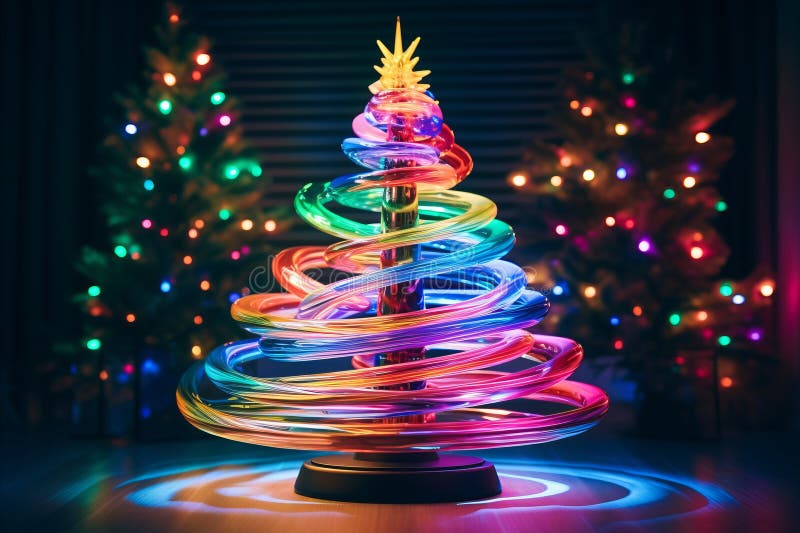 A Colorful Christmas Tree is Lit Up in Front of a Christmas Tree Stock ...