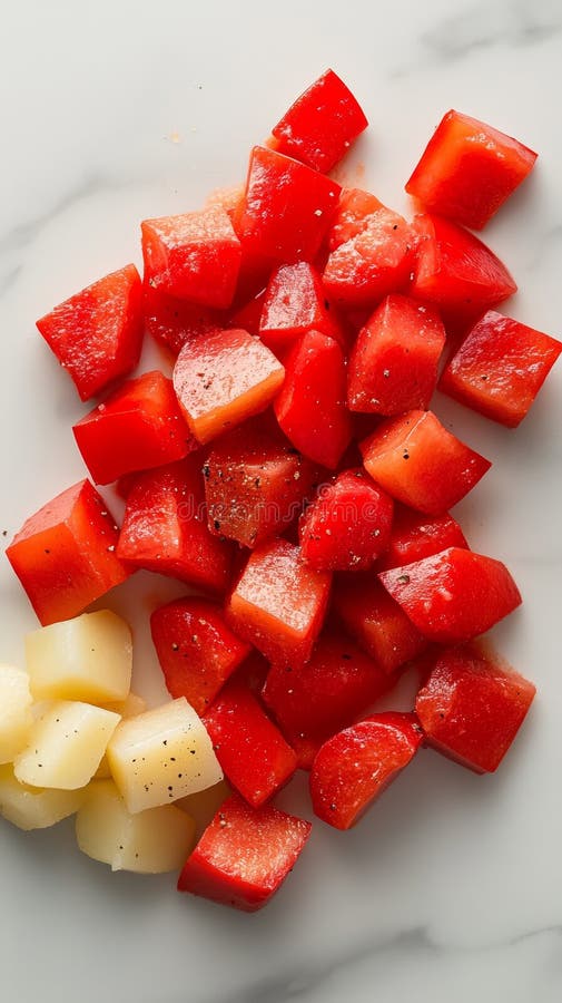 Colorful Chunks of Red Capsicum and Roasted Potato Quarters Arranged on ...