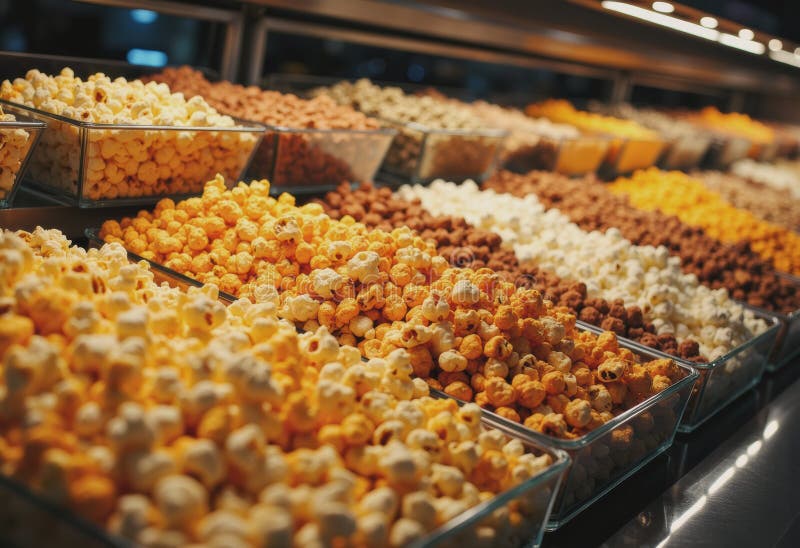 Colorful Cinema Snack Bar Fully Stocked with Various Popcorn Flavors ...