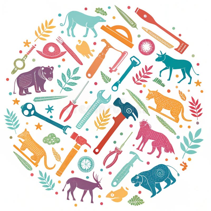 Colorful Circle Design Featuring Various Tools and Prehistoric Animals ...