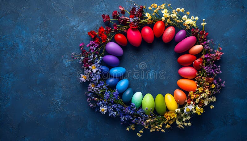 Colorful Circle of Easter Eggs Surrounded by Vibrant Spring Flowers on ...